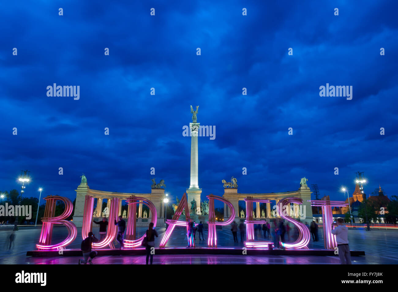 Colorfully lit wooden installation of letters forming the word Budapest ...