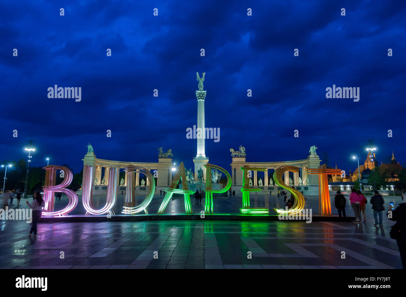 Colorfully lit wooden installation of letters forming the word Budapest ...