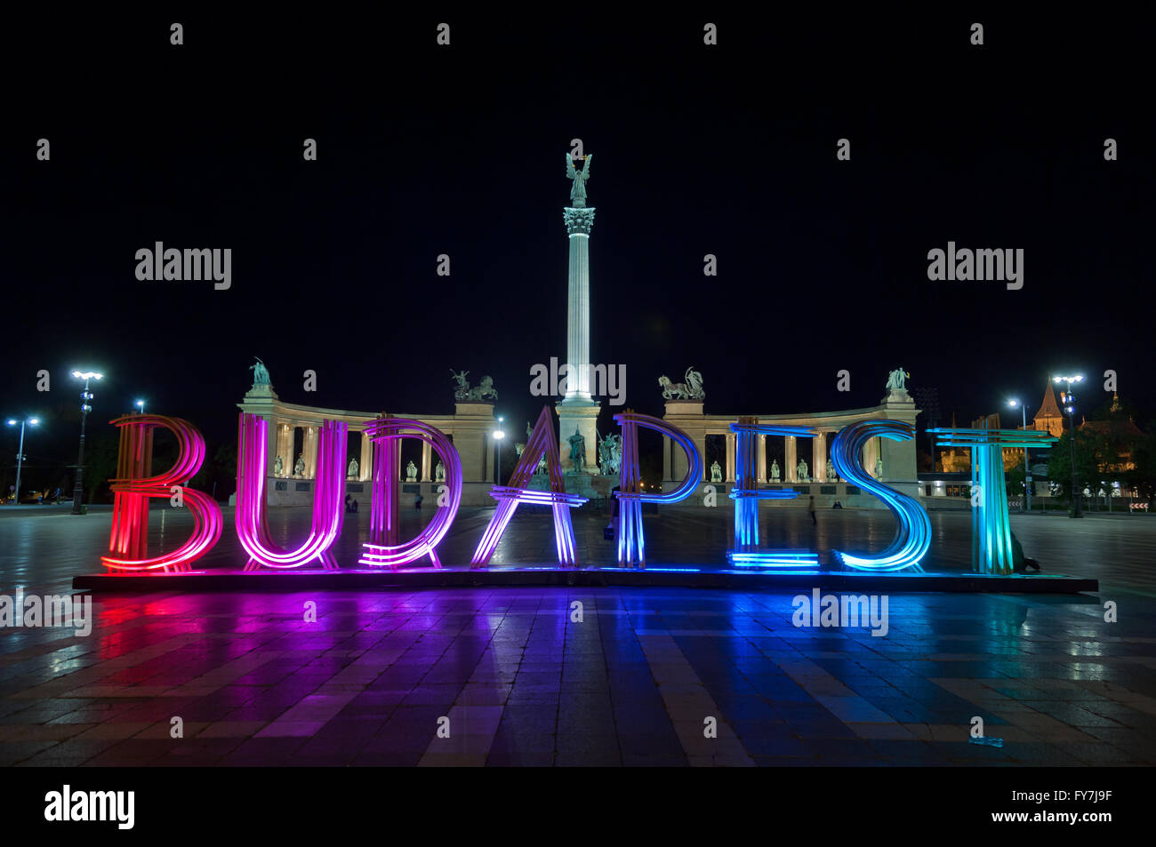 Colorfully lit wooden installation of letters forming the word Budapest ...