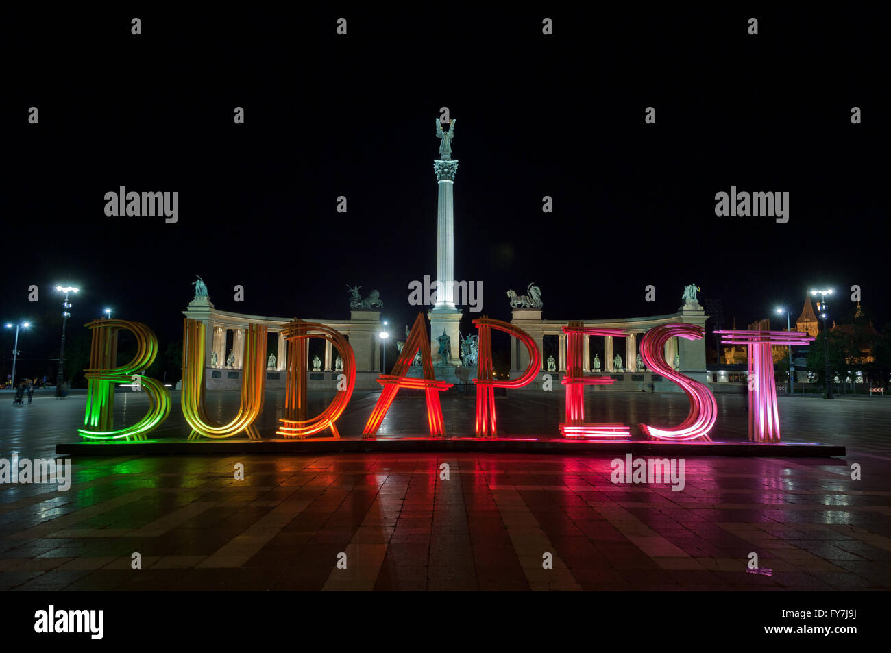 Colorfully lit wooden installation of letters forming the word Budapest ...