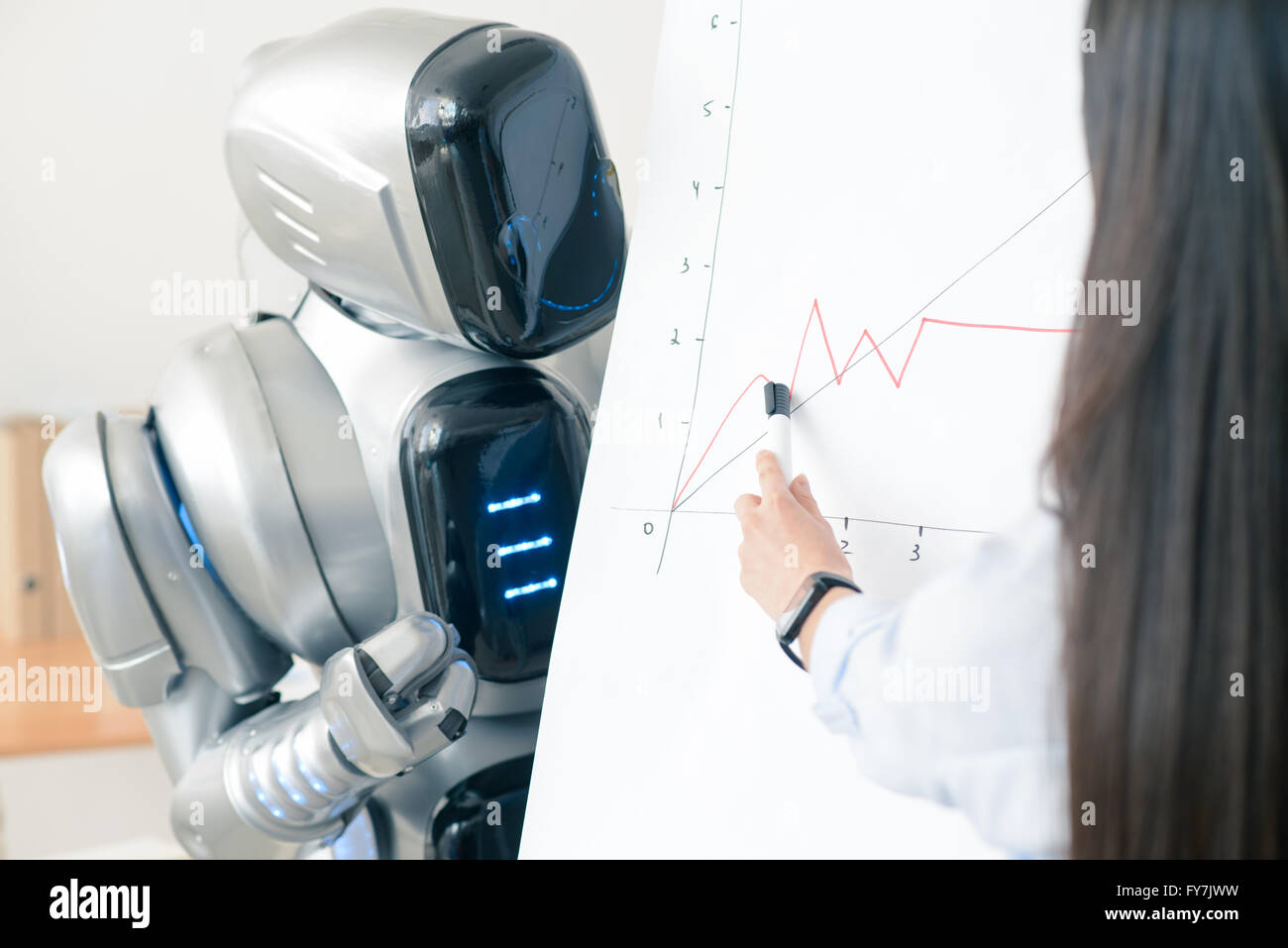 Nice girl showing graphic to the robot Stock Photo - Alamy