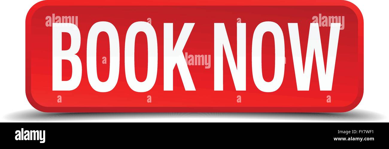 Book now red three-dimensional square button isolated on white ...