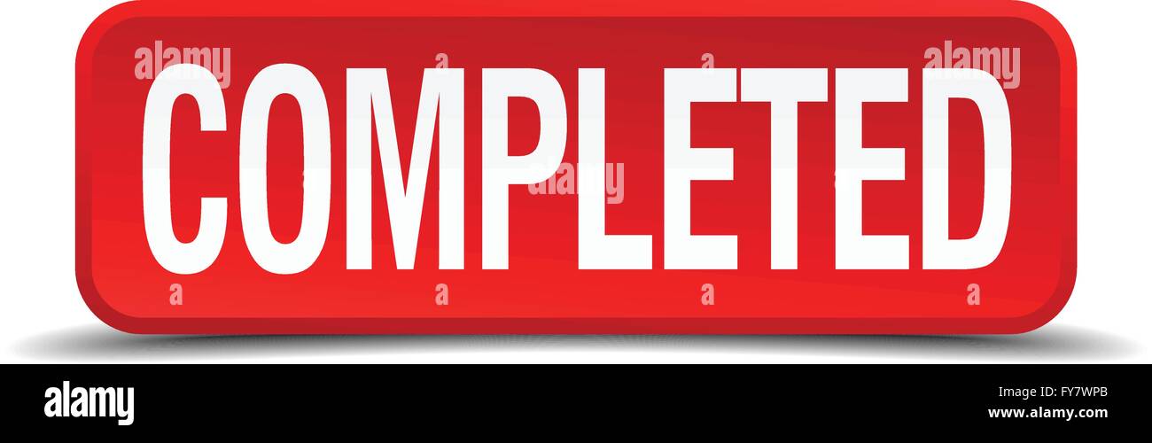 Completed red three-dimensional square button isolated on white ...