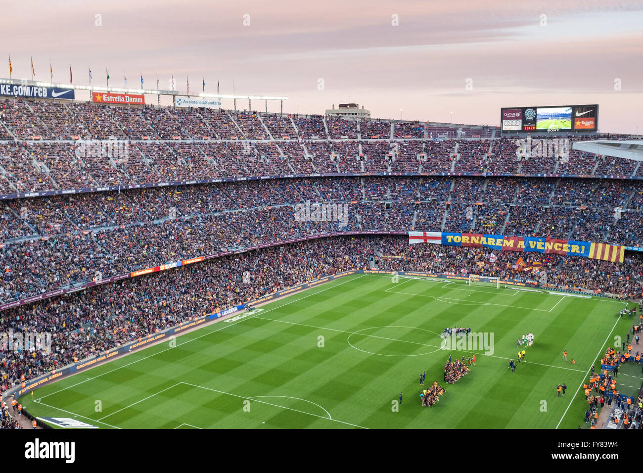 Camp Nou football stadium in Barcelona.Sunset is coloring clouds making ...