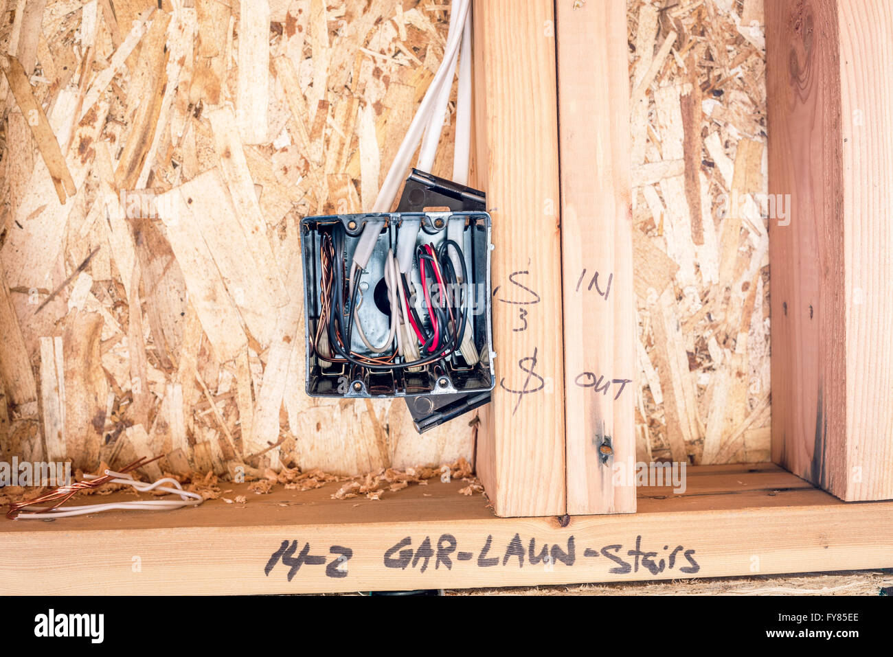Electrical box in new home construction with notes on studs Stock Photo ...