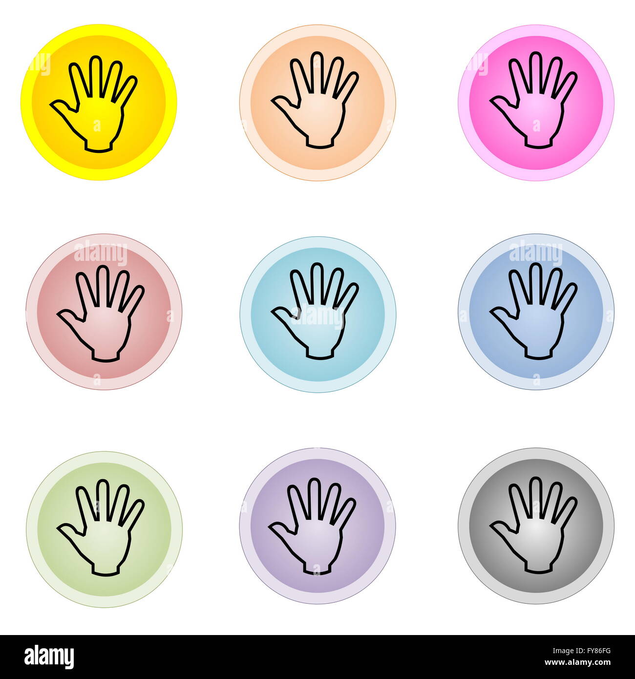 Set of nine colorful buttons with hand isolated in white background ...