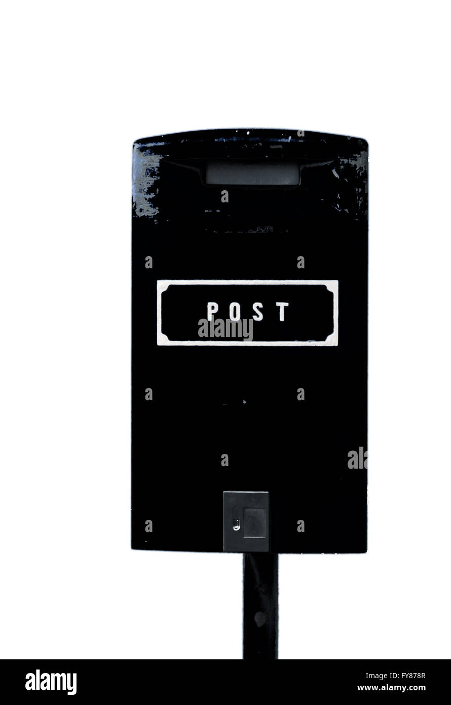 Black postbox with white lettering isolated on the white background ...