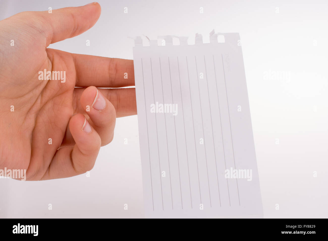 Hand holding a piece of lined paper on a white background Stock Photo ...