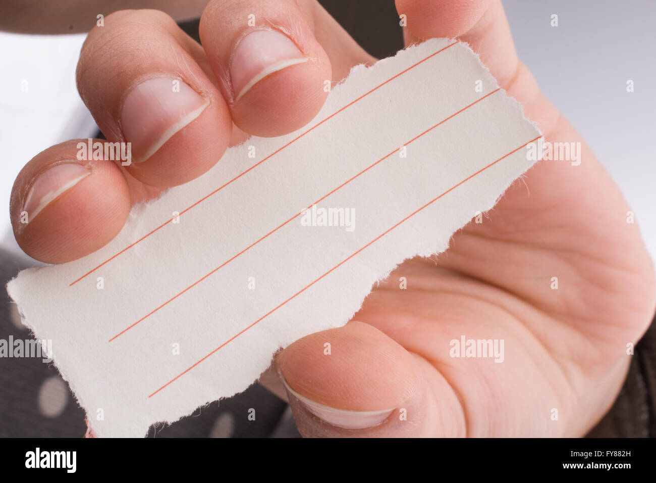 Hand holding a piece of torn lined paper on a white background Stock ...