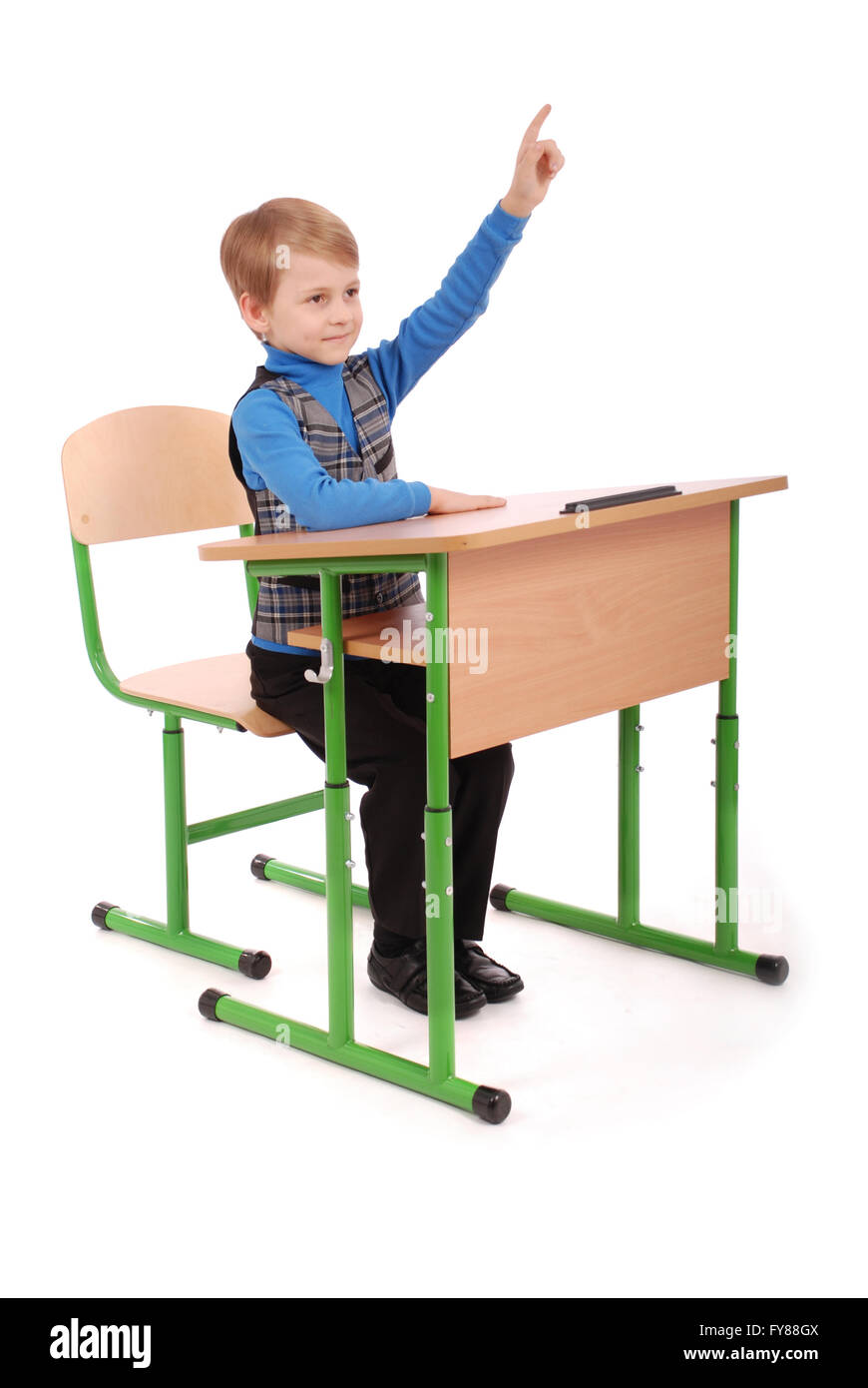 Boy raising hand to ask question isolated on white Stock Photo - Alamy