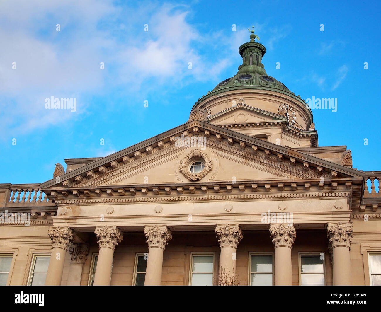 SOMERSET, PENNSYLVANIA - MARCH 15, 2014: Detail of pediment, dome, and ...