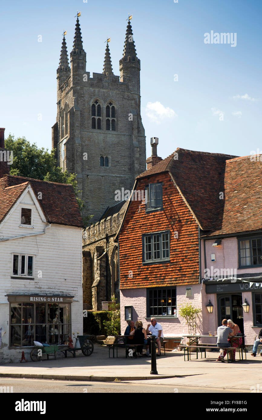 UK, Kent, Tenterden, High Street, St Mildred’s church tower above ...