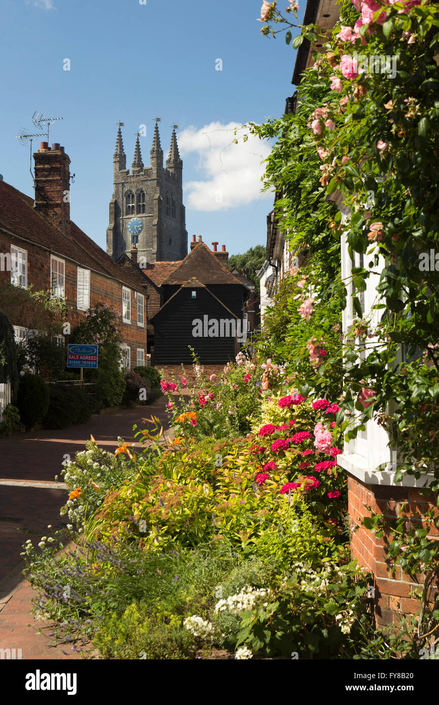 UK, Kent, Tenterden, St Mildred’s church tower above Bells Lane ...