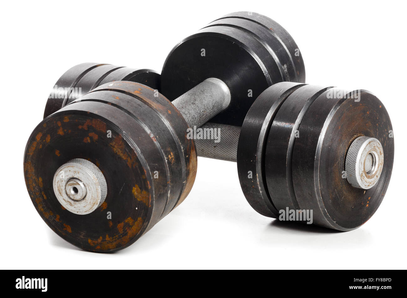two used metal barbells Stock Photo - Alamy