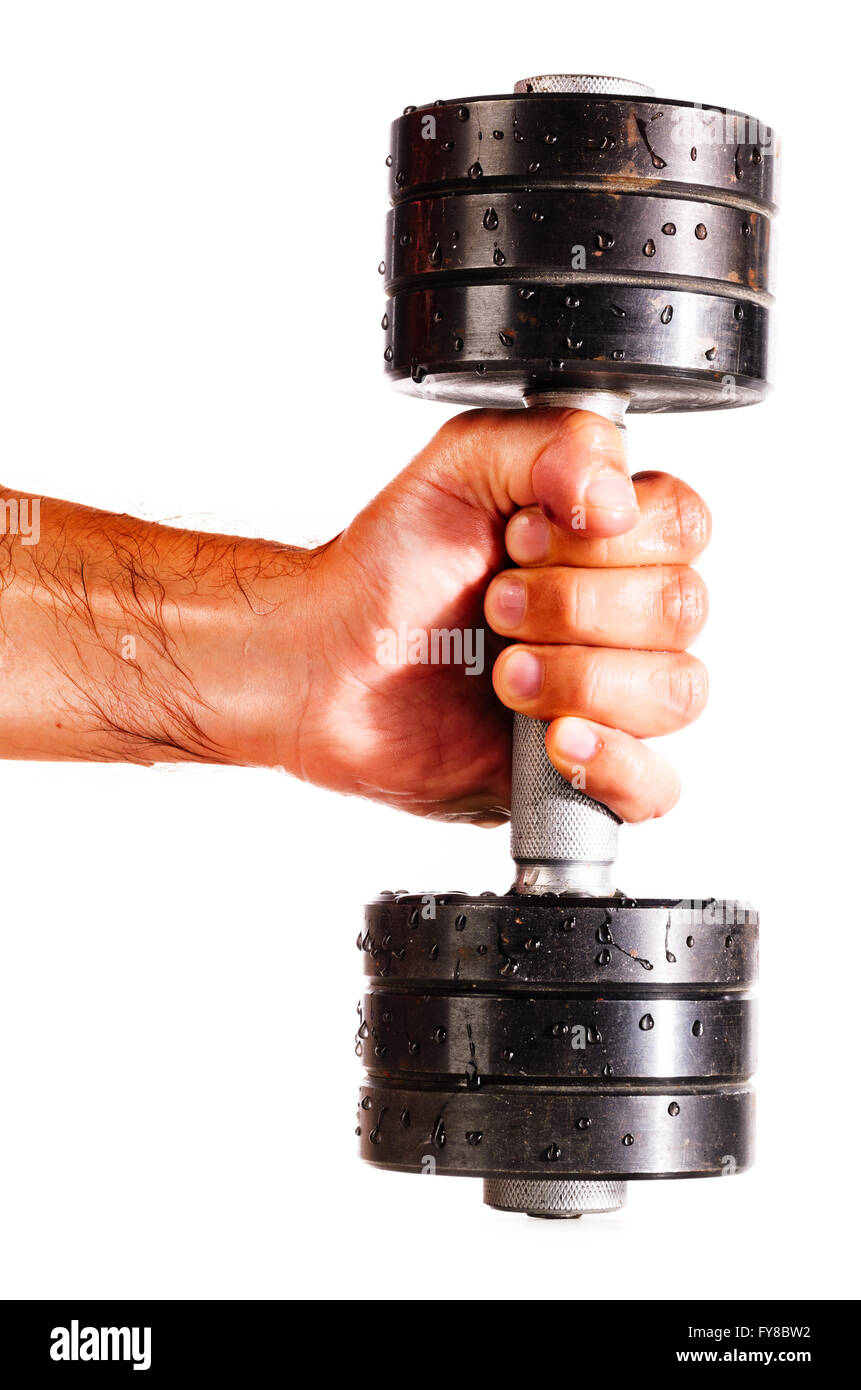 male hand is holding metal barbell Stock Photo - Alamy