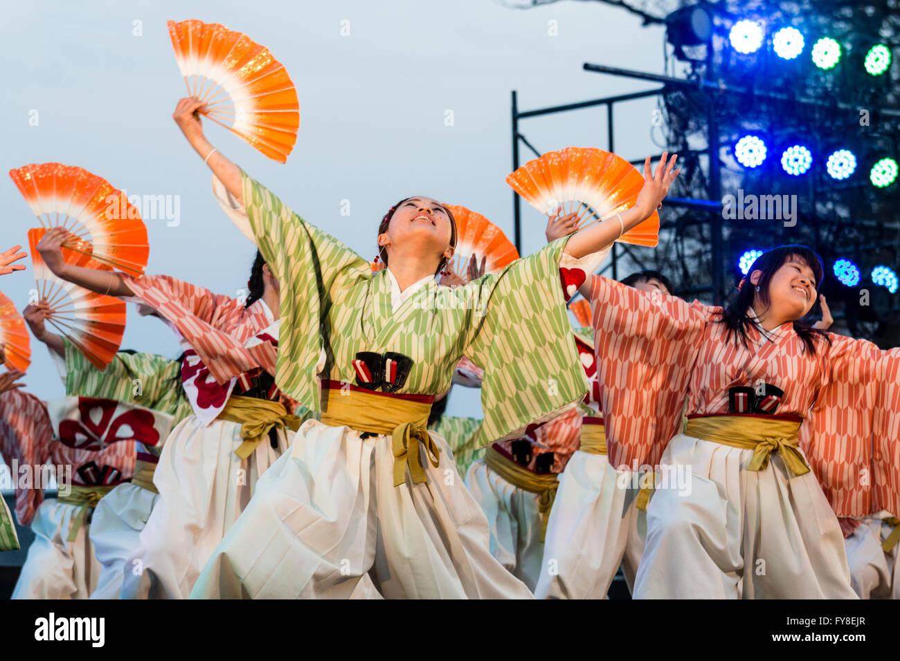 Yosakoi hinokuni dance festival, female team dancing on stage in ...