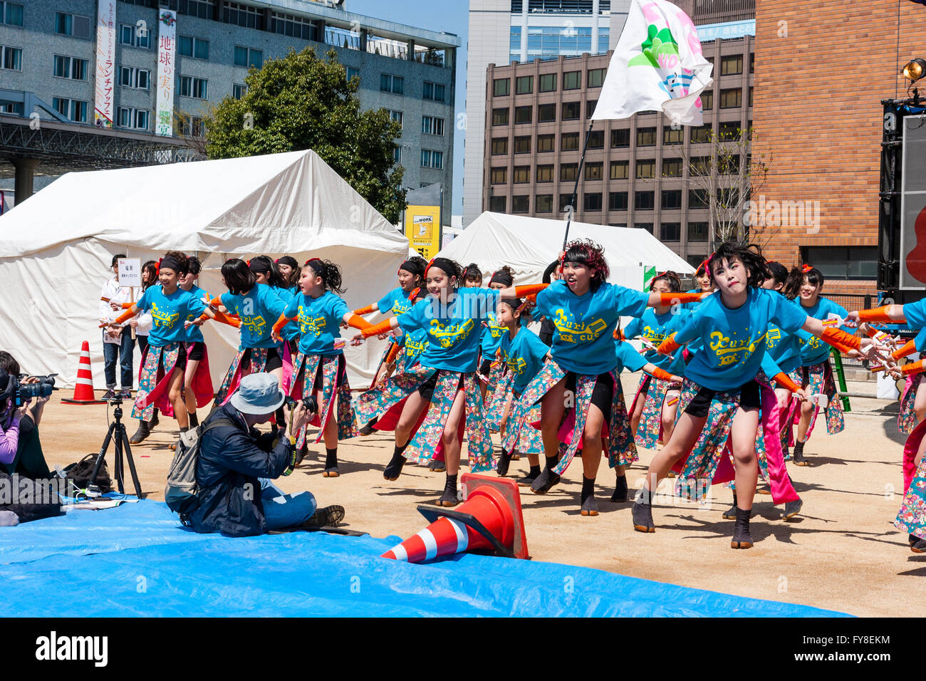 Yosakoi dance festival with young women team wearing traditional yukata ...