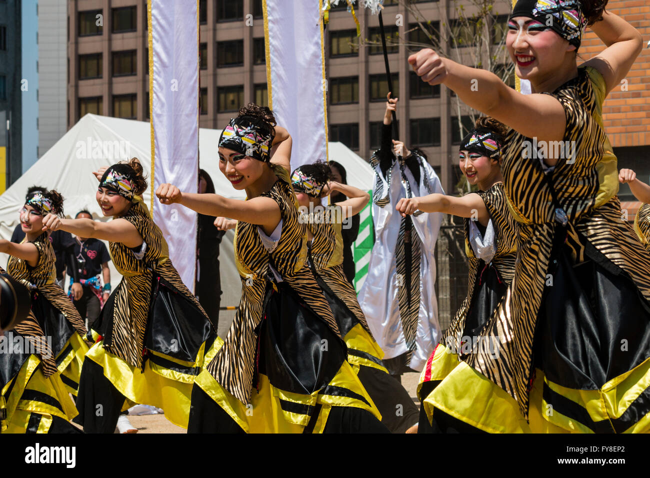 Yosakoi dance festival, Japan. Female dance team in black and yellow ...