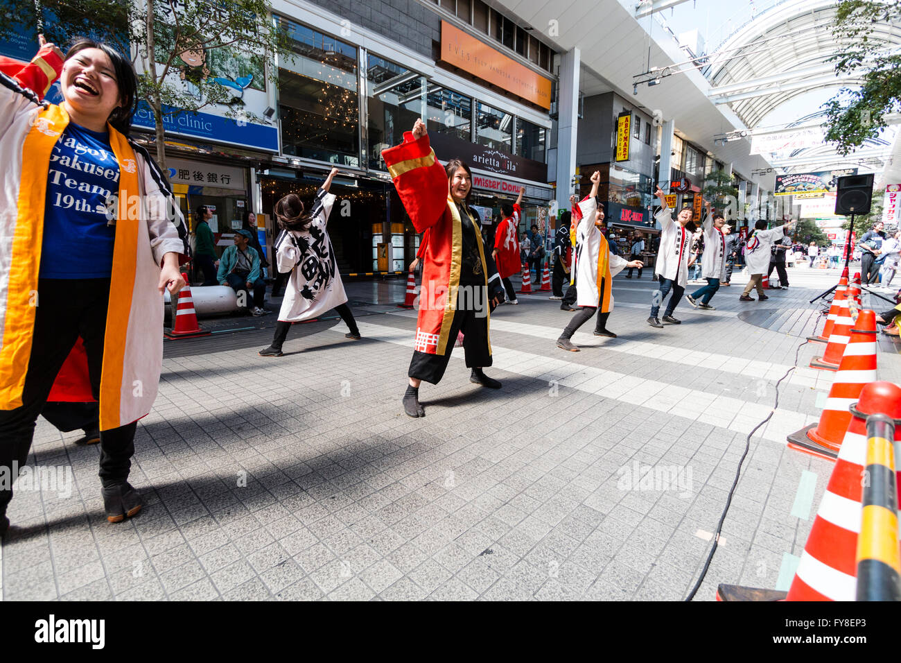 Japanese young female dance troupe, wearing yukata jackets, dancing in ...
