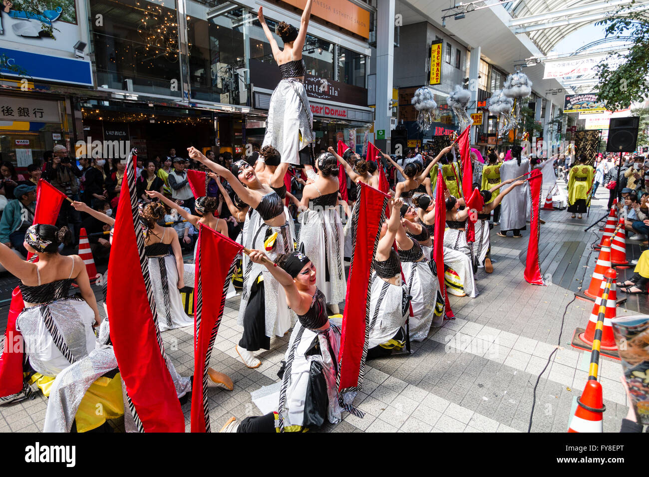 Japanese young women dance team in black and white costume formation ...