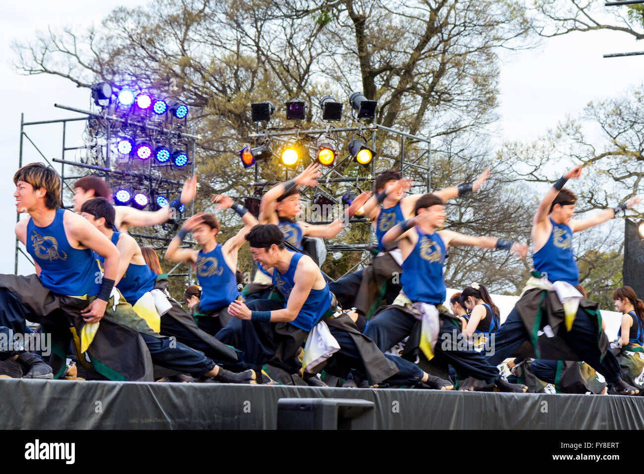 Young men and women dance troupe dancing during yearly Japanese Yosakoi ...