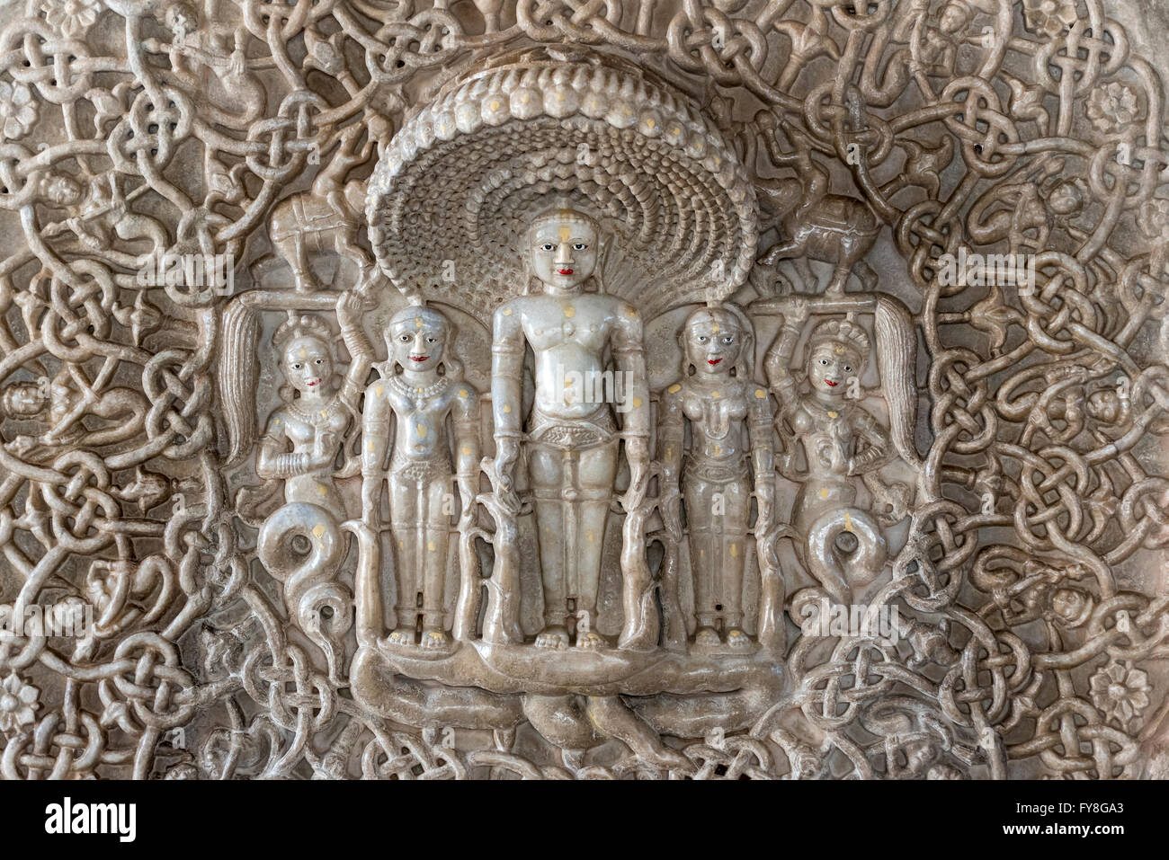 Stone carvings at Ranakpur Jain Temple, Rajasthan, India Stock Photo ...