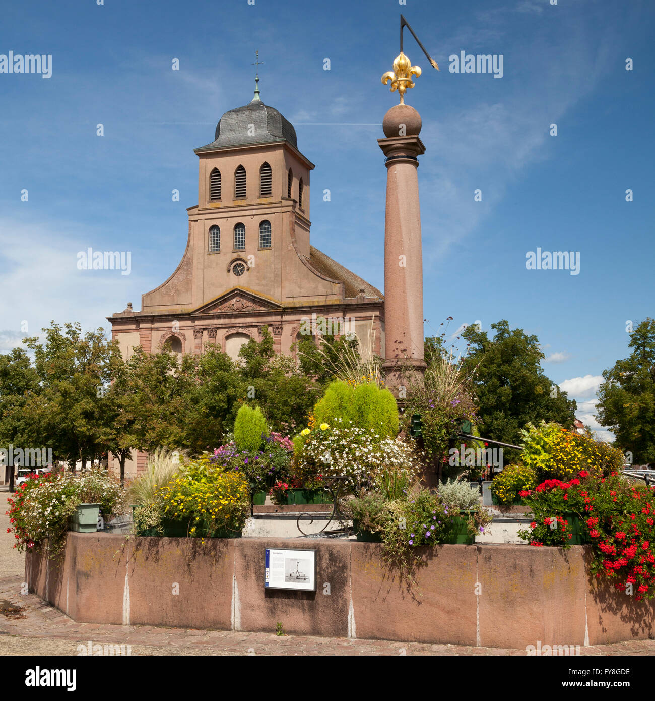 Fountain and church on Emile Muller place, Neuf-Brisach, Alsace, France ...