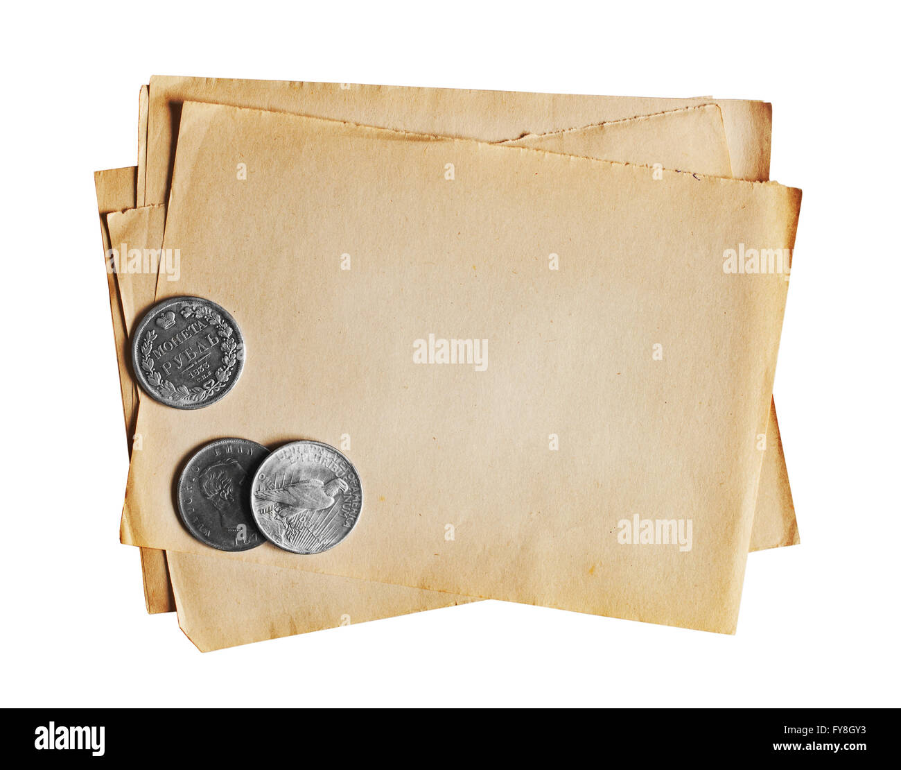 Old coins and paper isolated on a white background Stock Photo - Alamy