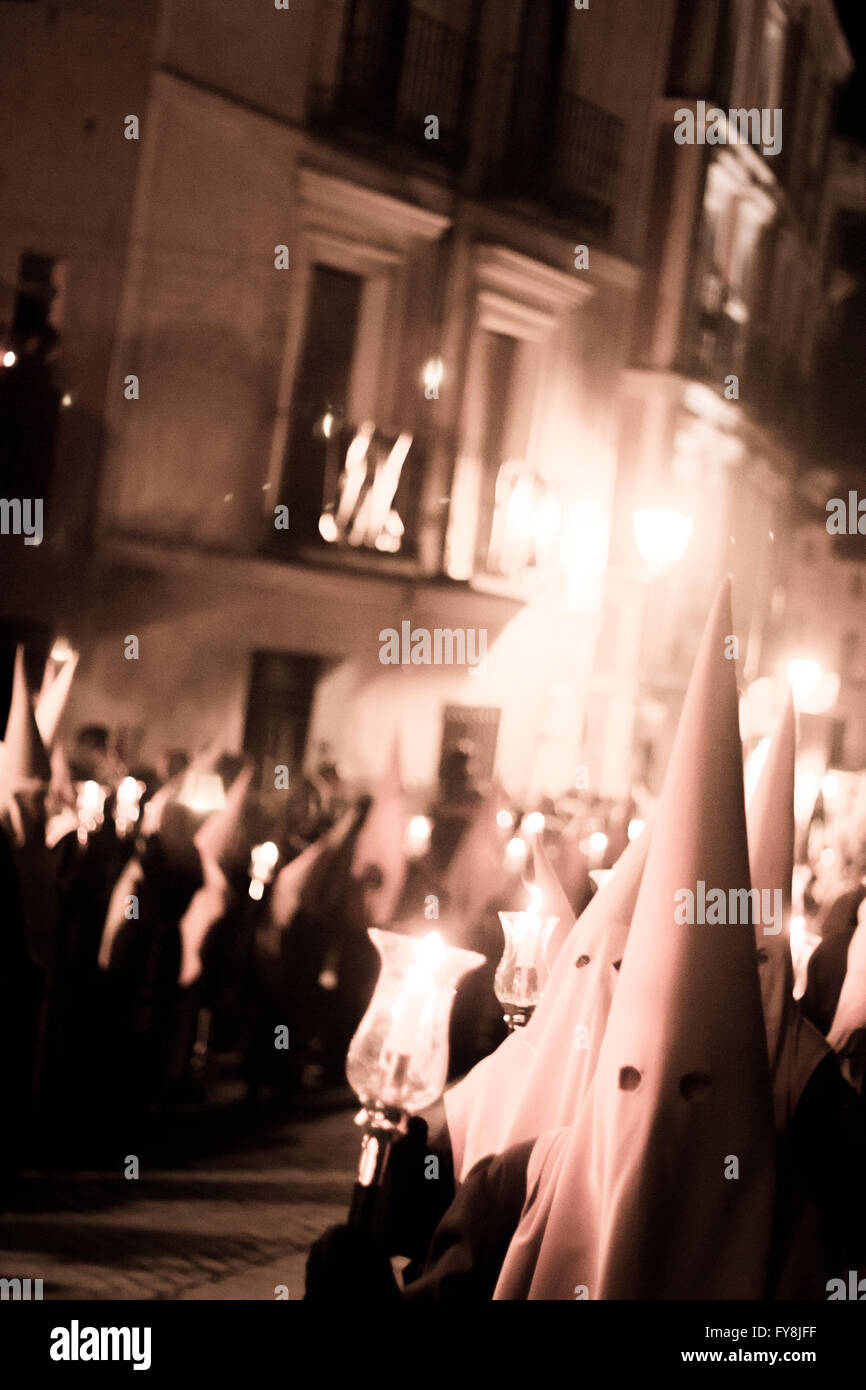 Easter catholic Spanish procession Semana Santa. Catholics wear pointed ...