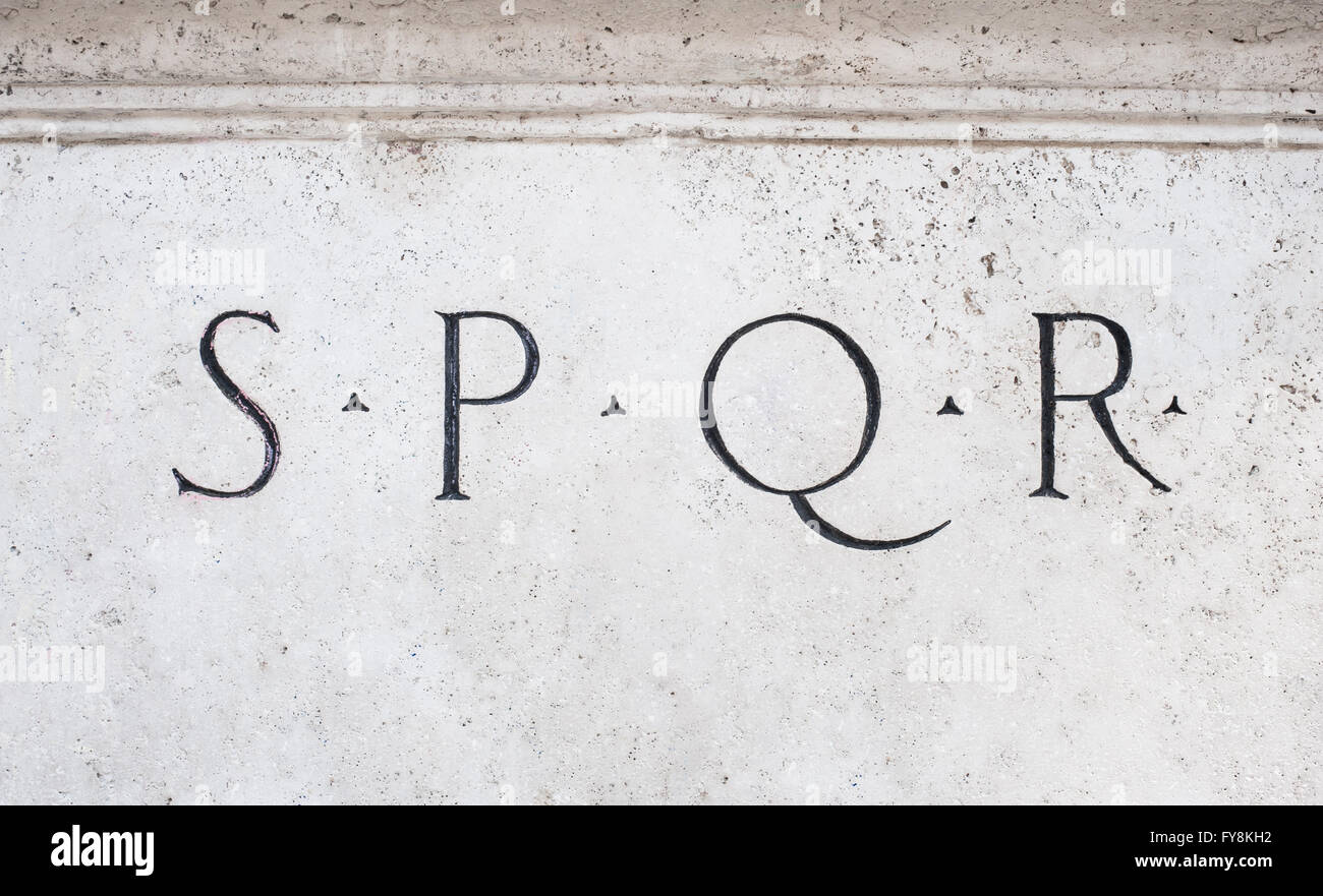 Roman symbol sign SPQR, Italian architecture detail on white marble ...