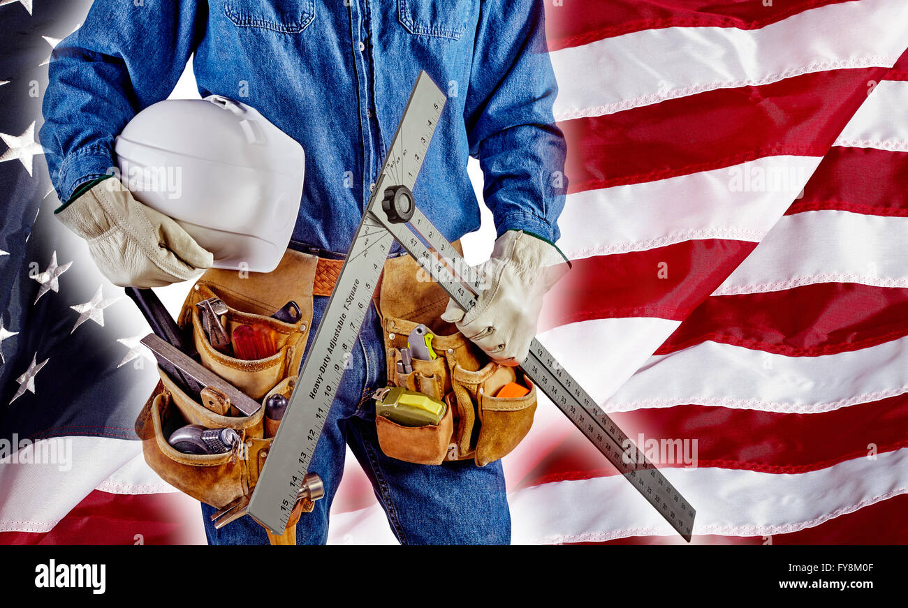 contractor carpenter man on USA flag building America concept ...