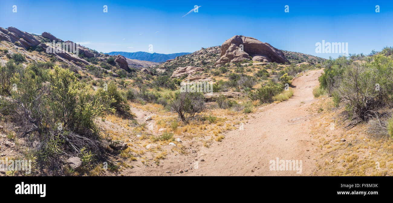 Dirt walking path leads through the Mojave Desert of Southern ...