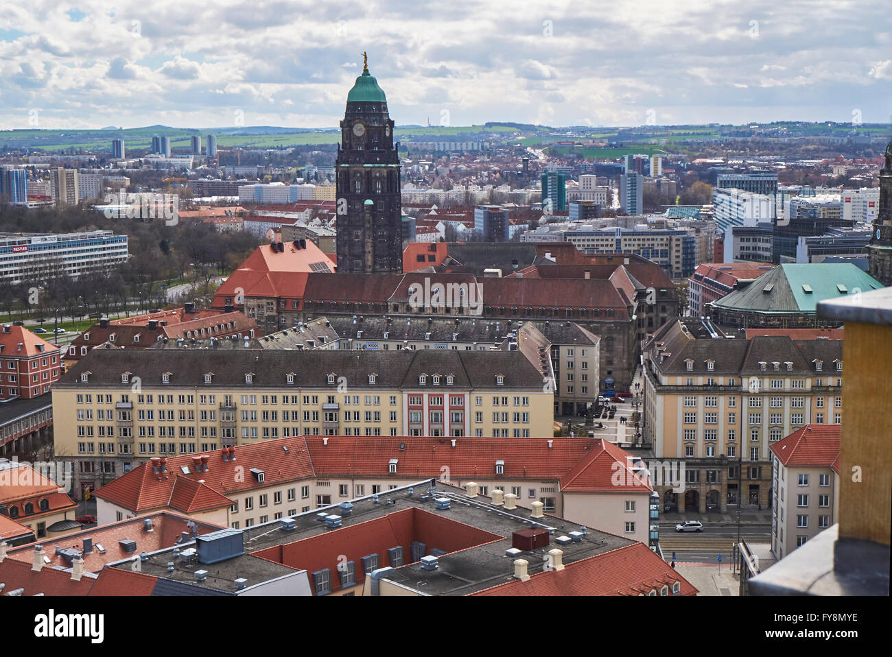 Germany, Dresden, View of Townhall tower and Ore Mountains Stock Photo ...