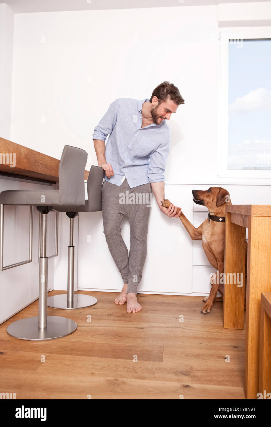 Man with his Rhodesian Ridgeback in the kitchen Stock Photo - Alamy