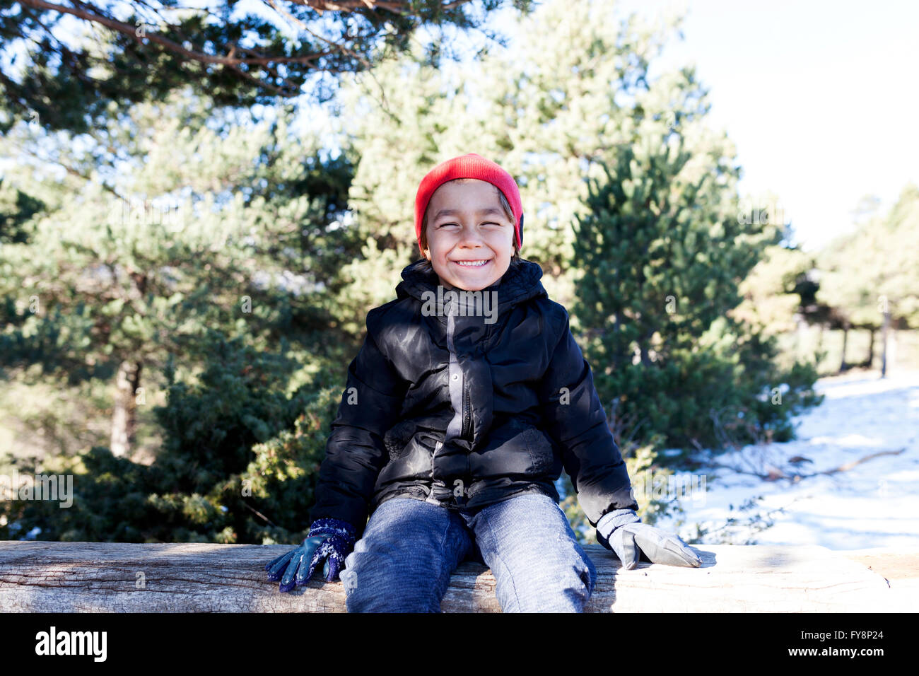 Portrait of grinning little boy sitting on a tree trunk Stock Photo - Alamy