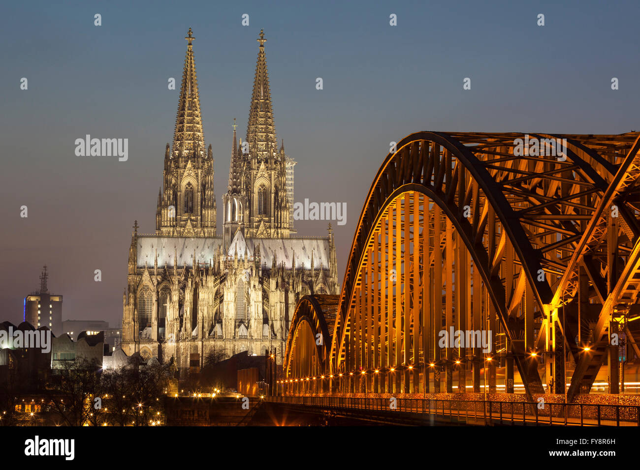 Germany, Cologne, view to the lighted Cologne Cathedral and Stock Photo ...