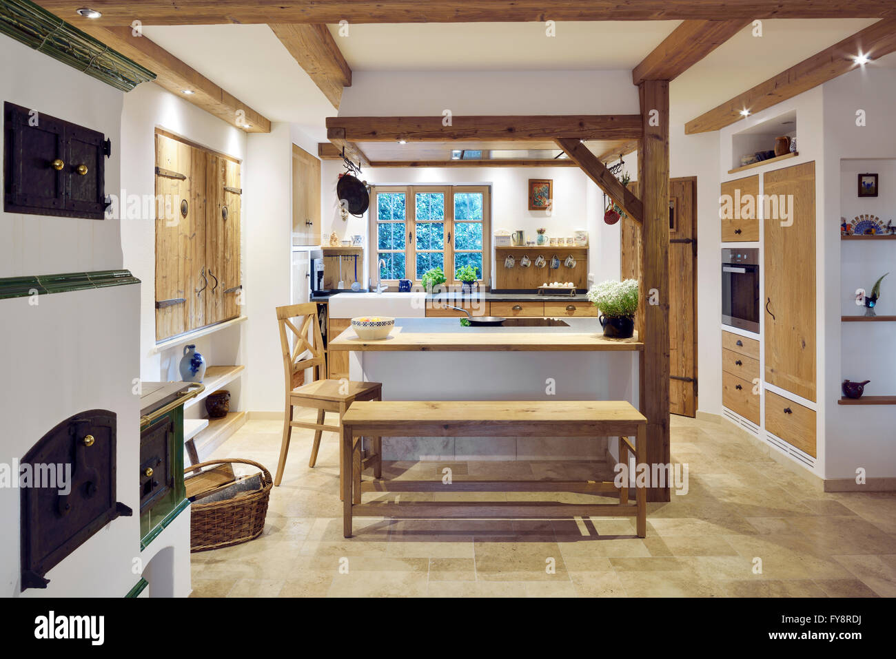 Rustic country style home with kitchen island Stock Photo - Alamy