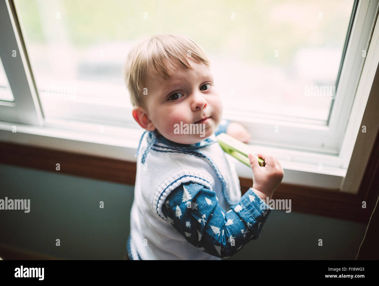 Portrait of toddler in front of a window Stock Photo - Alamy