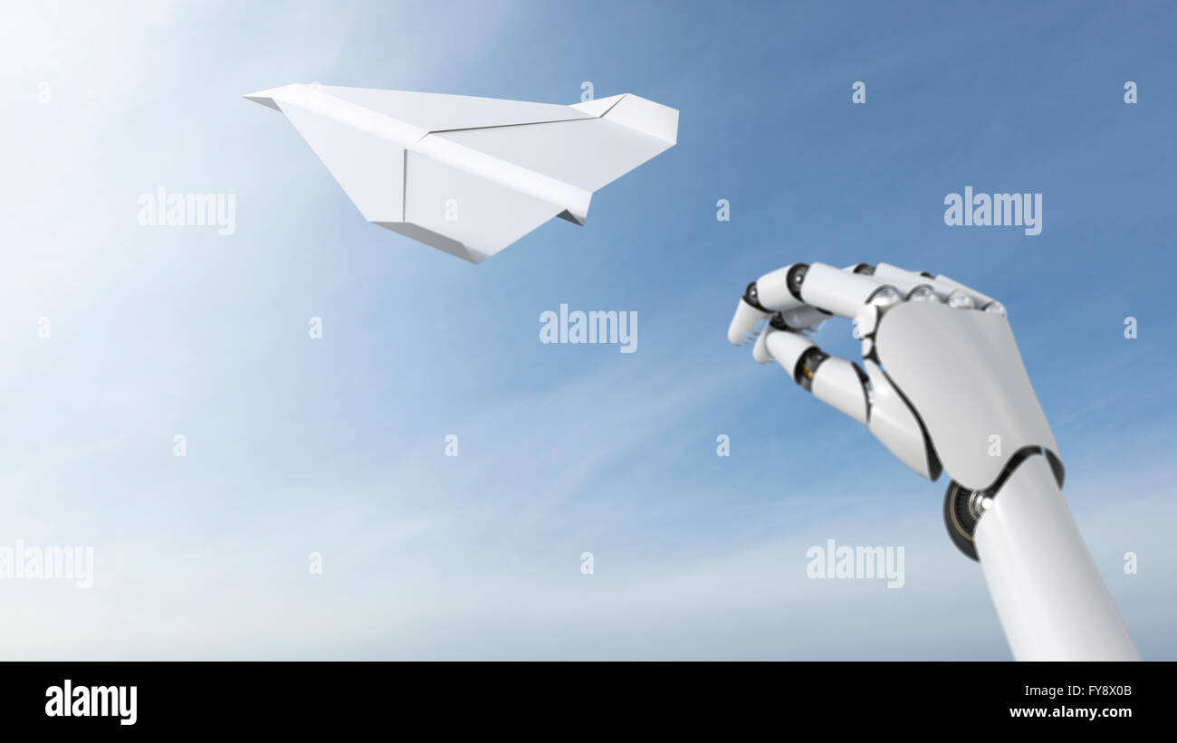 Robot hand throwing paper plane, 3D Rendering Stock Photo - Alamy