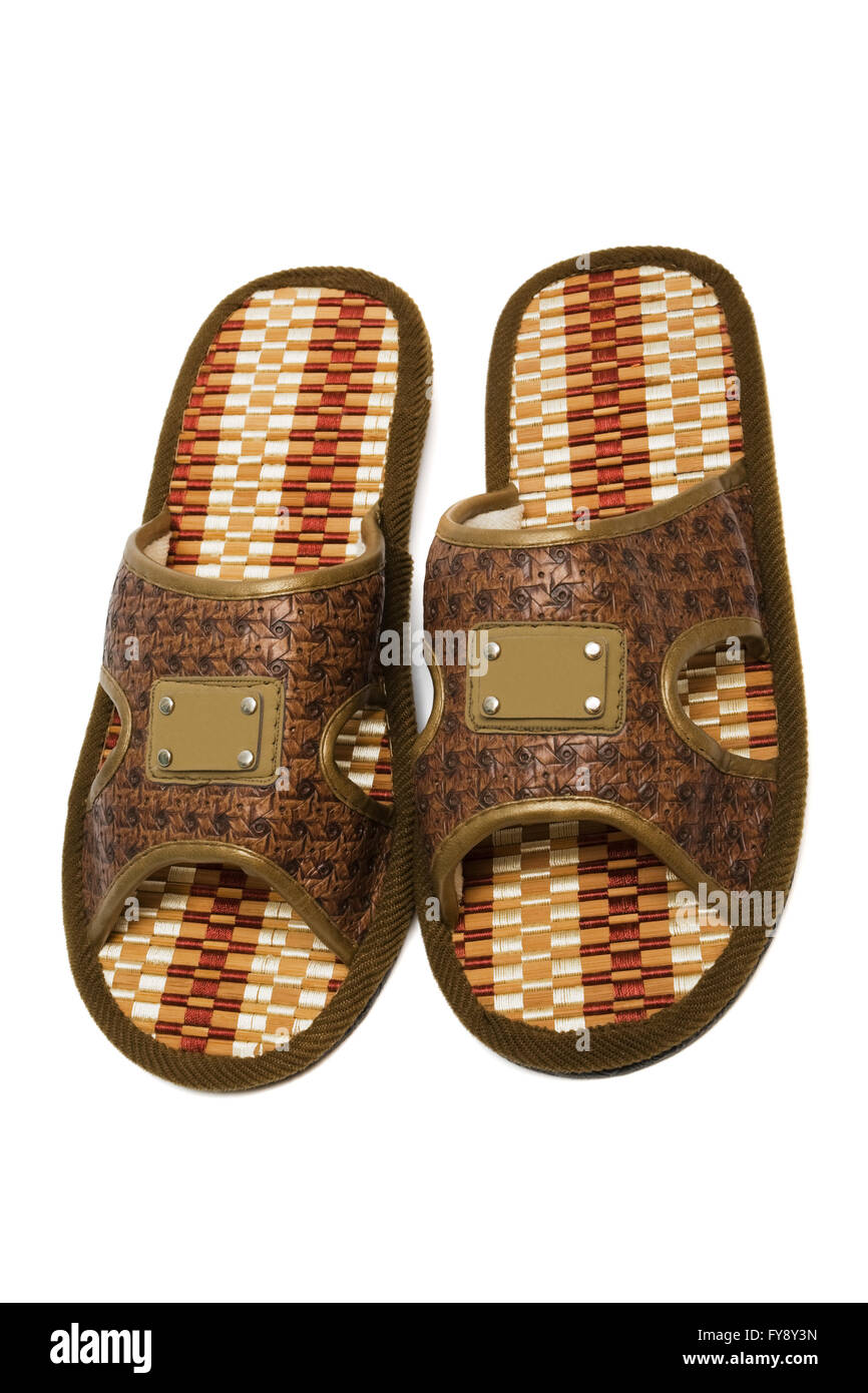 Beautiful brown slippers on a white background Stock Photo - Alamy