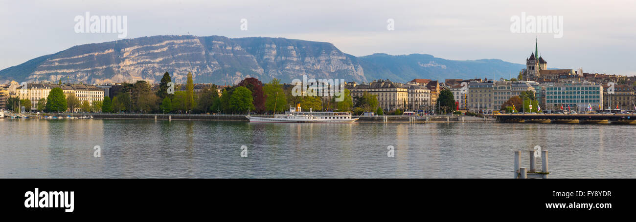 Wide panoramic view of Geneva Lake and city skyline at dusk Stock Photo ...
