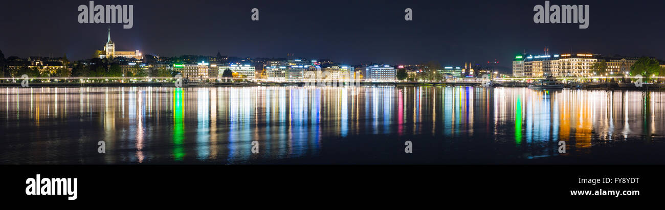 Panoramic view of lake Geneva and Geneva city skyline at night Stock ...