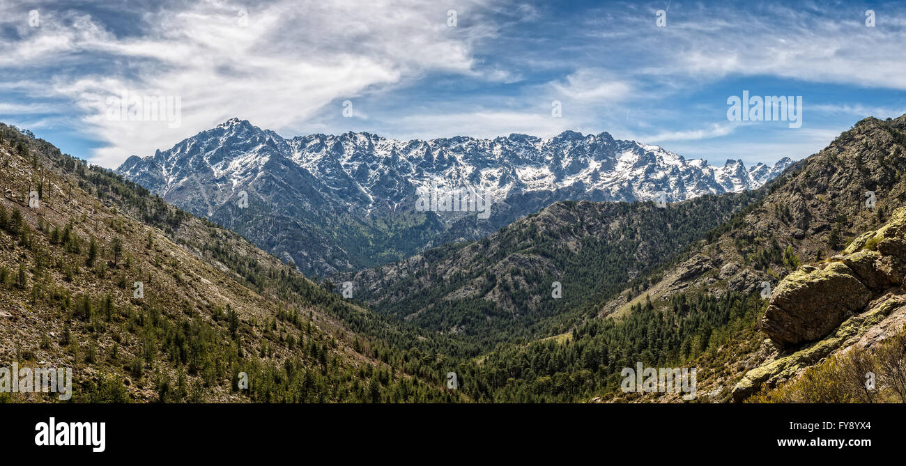 Panoramic view of snow capped Asco Mountains and Monte Cinto in Corsica ...