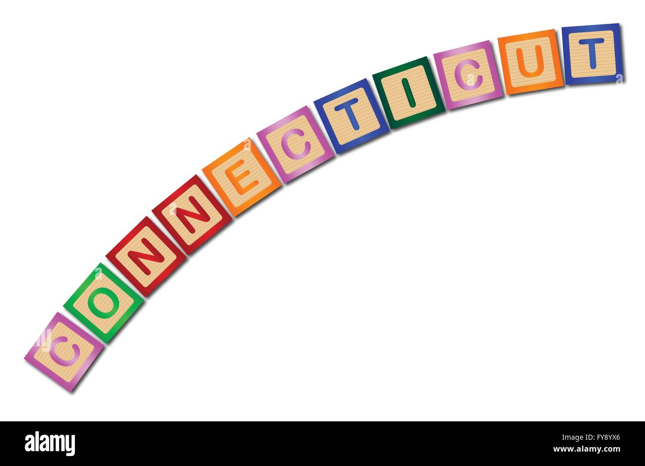 A collection of wooden block letters spelling Connecticut over a white ...
