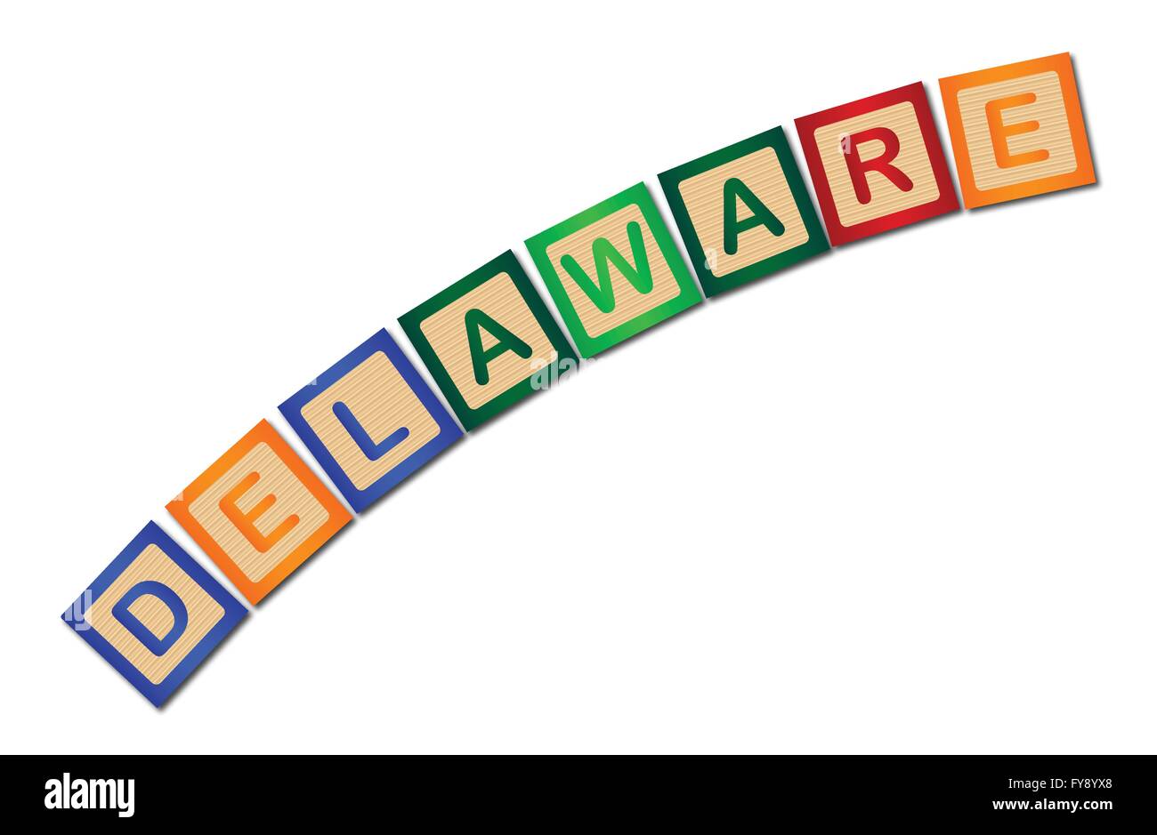A collection of wooden block letters spelling Delaware over a white ...