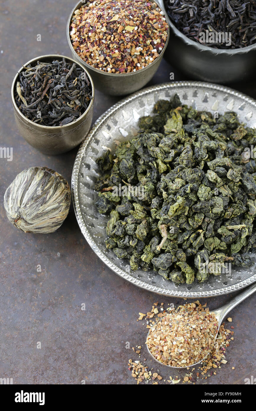 different varieties of dry tea (black, white, green Stock Photo - Alamy