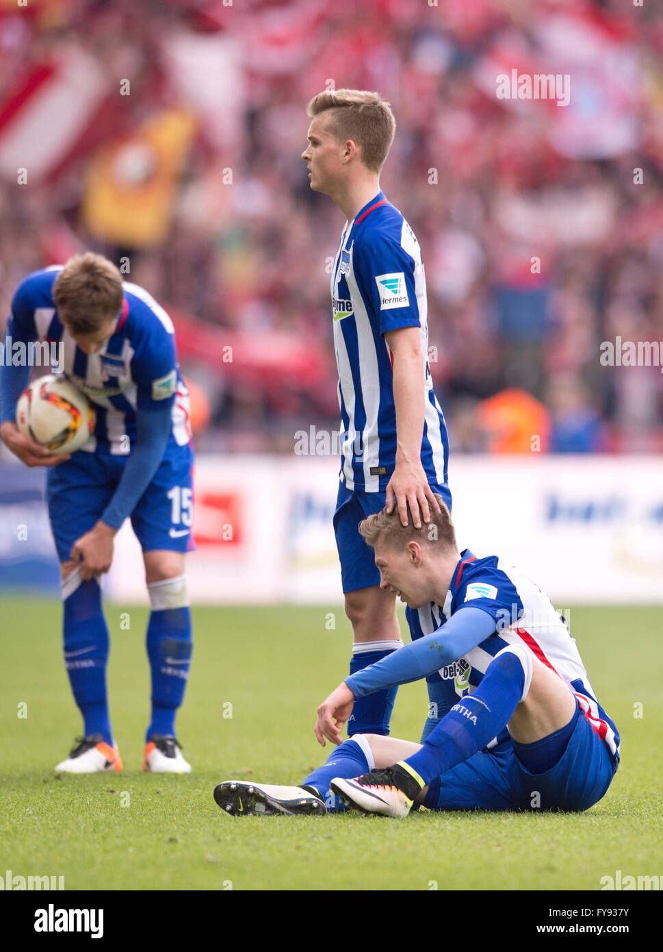 Berlin, Germany. 23rd Apr, 2016. Hertha's Mitchell Weiser (r) sitting ...