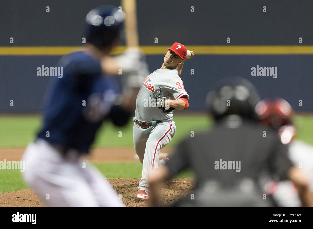 Milwaukee, WI, USA. 23rd Apr, 2016. Philadelphia Phillies relief ...