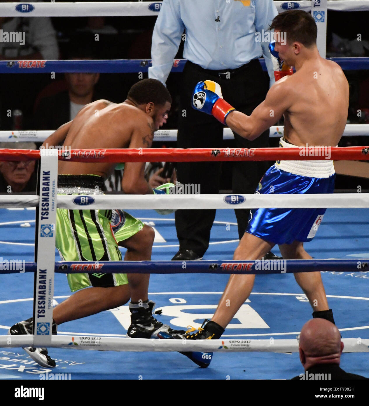 Ingelwood CA. 23rd Apr, 2016. (in blue trunks) Undefeated, Unified ...