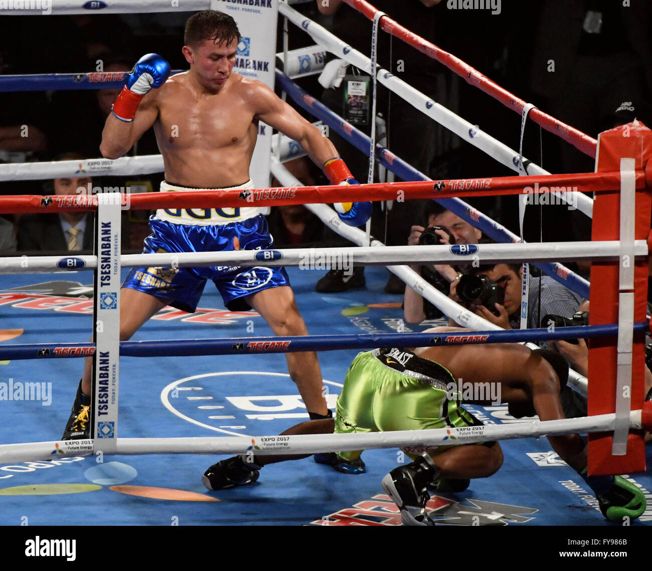 Ingelwood CA. 23rd Apr, 2016. (in blue trunks) Undefeated, Unified ...